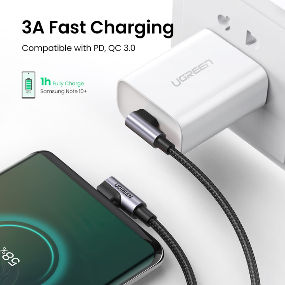 CABLE CURVO DOBLE USB-C/USB-C 3A PD3.0 60W MAX 1M TRENZADO NEGROUGREEN ...